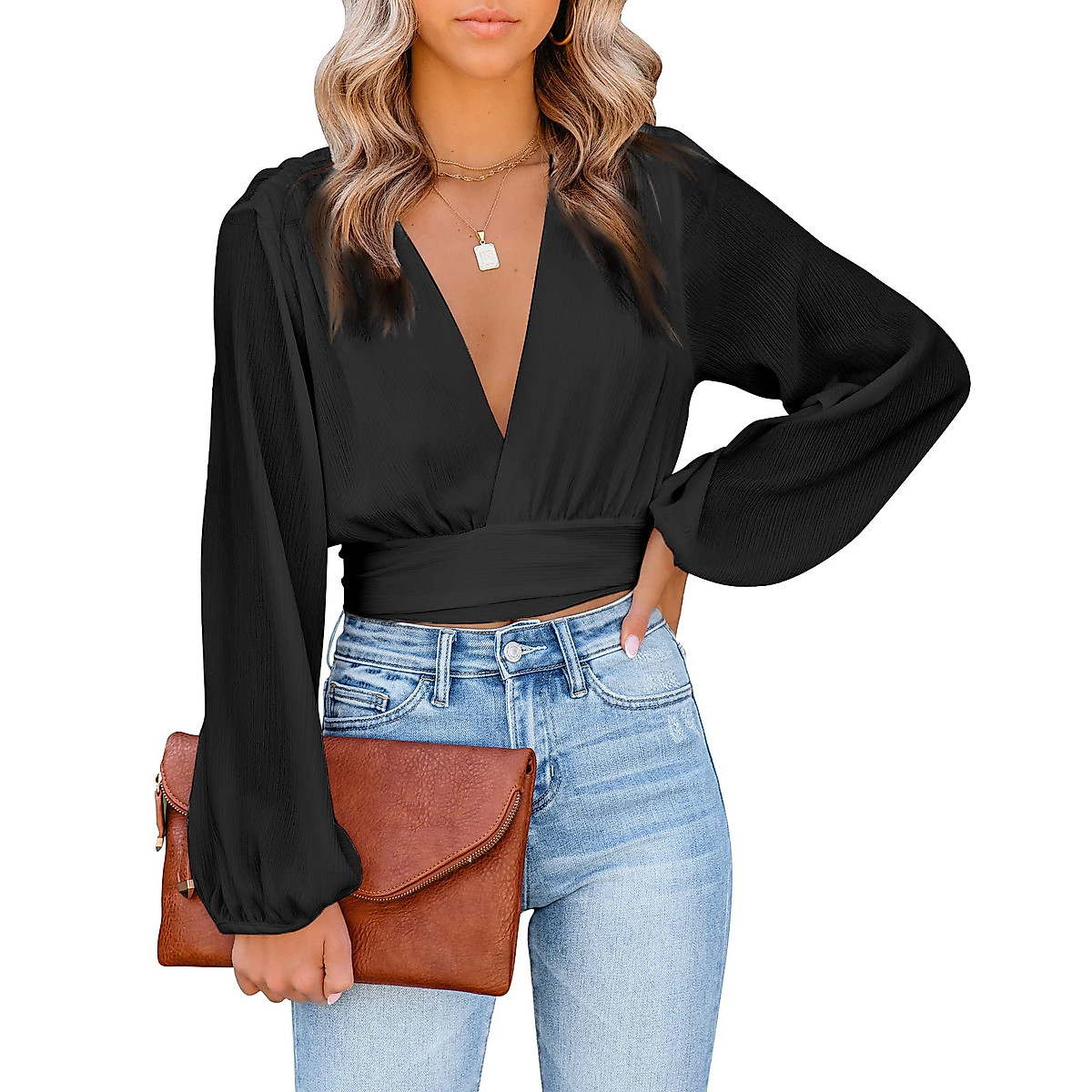 LYANER Women's Deep V Neck Tie Front Knot Long Sleeve Sexy Wrap Crop Top Blouse Solid Black Medium