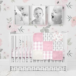 JLIKA Crib Bedding Sets for Girls - 3 Piece Floral Pink Plaid Set for Baby Girl Nursery Decor | Quilt Blanket, Crib Sheet, Skirt | Flowers Arrow Buffalo Plaid (Pink Floral Collection) (Pink Floral)