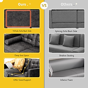 Lesofair 84" Faux Leather 3-seat Sofa with 2 Bolster Pillows, Tufted Couch with Wooden Legs, Morden Sofa Suitable for Living Room, Office, Black