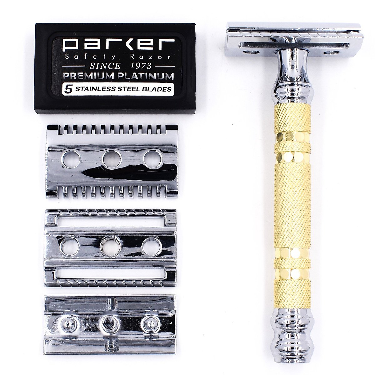 Parker THE CONVERTIBLE 69CR Duel Head Double Edge Safety Razor with Both Open and Closed Comb Heads Included to Customize your Shave, Includes 5 Parker Blades too