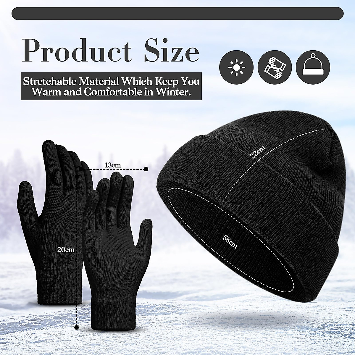 2 Pcs Shiny Match Winter Beanie Hat Gloves Set, Soft Knitted Hat Stretchy Gloves Warm Skull Cap Set for Women Men Gifts (Black)