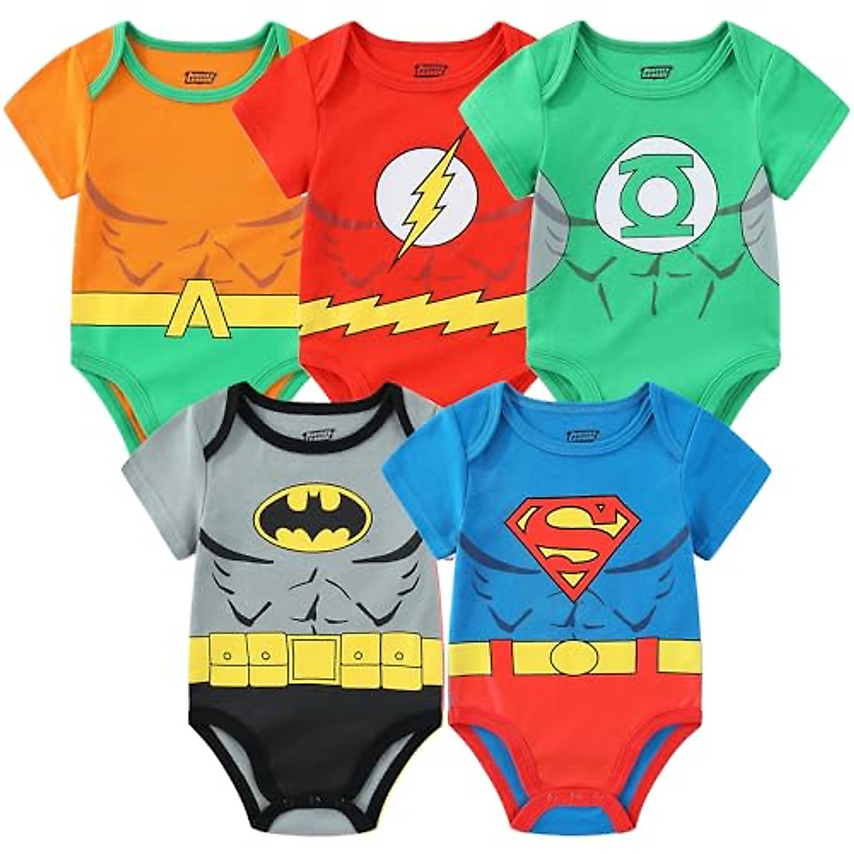 WARNER BROS Justice League Baby Boys 5 Pack Character Creepers - Batman, Superman, Flash, Aquaman and Green Lantern