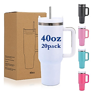 BATTUP 40 OZ Tumblers With Handle Bulk Stainless Steel Double Wall Vacuum Insulated with Lid and Straw Grey Mouth Mixed Colors 20 Pack