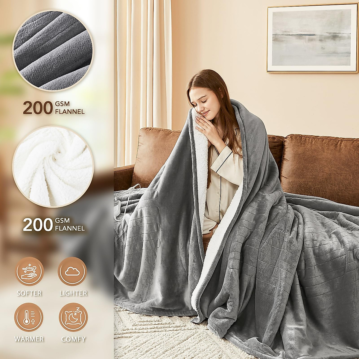 Homemate Electric Heated Blanket Twin - 62"x84" Heating Bed Blankets Throw with 10 Heating Levels 8 Hours Auto Off Fast Heating Over-Heated Protection Ultra Soft Warm Flannel ETL Certified Grey
