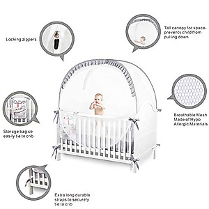ZXPLO Baby Safety Crib Tent Infant Pop up Mosquito Net Nursery Bed Canopy Netting Cover - Keep Baby from Climbing Out with Hanging Diaper Storage Bag (Gray)