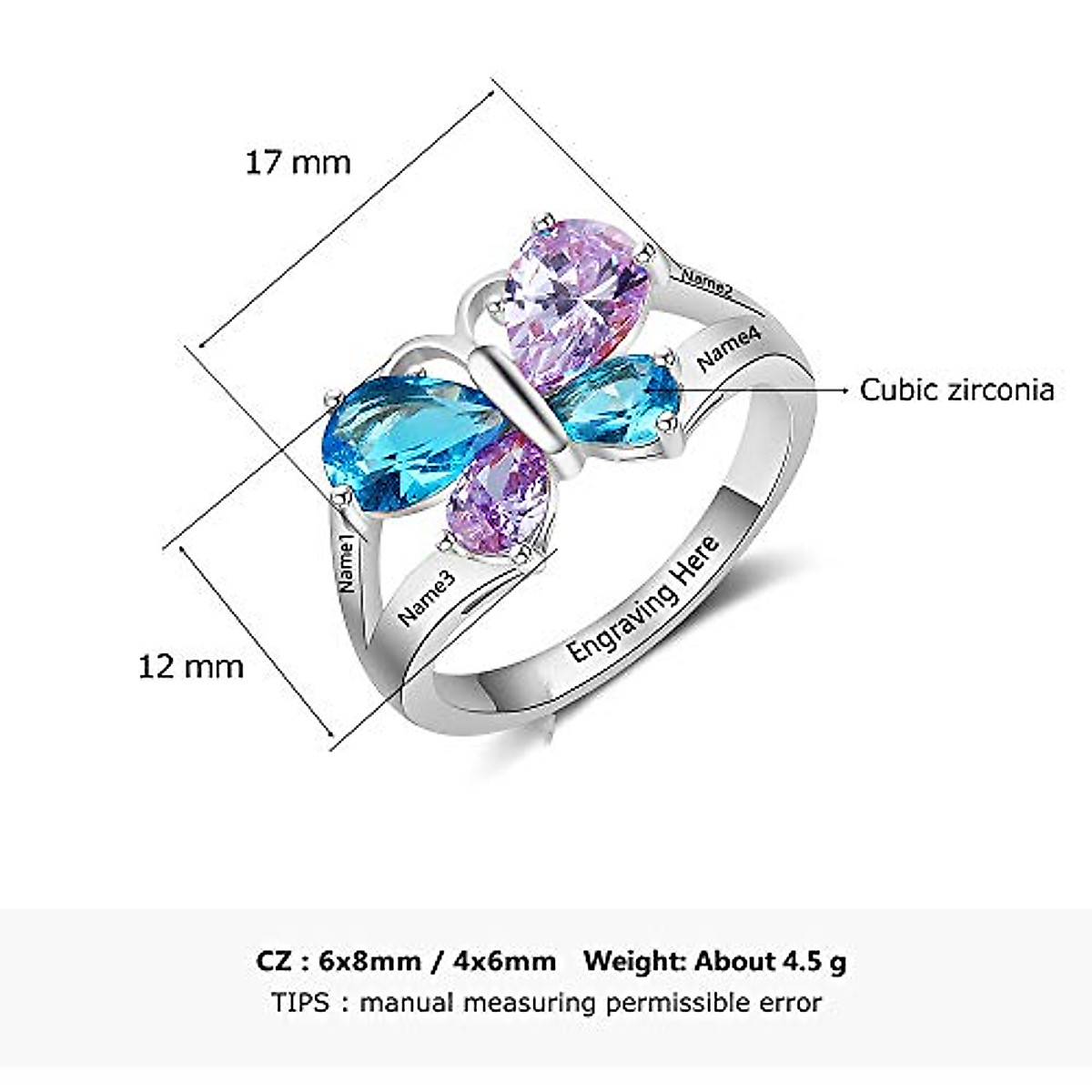 Ashleymade Personalized Engraved Name Rings for Mothers Day Rings with 4 Simulated Birthstones Promise Butterfly Ring for Women (Silver, 7)