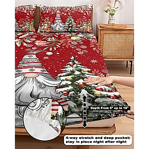 Red Christmas Fitted Sheet Set for Full Size Bed,Gnome Xmas Tree 3 Pieces Bedding Deep Pocket Bedsheet Fits Mattress Up to 16",Bottom Sheets for Bedroom Decor,Botanical Leaves