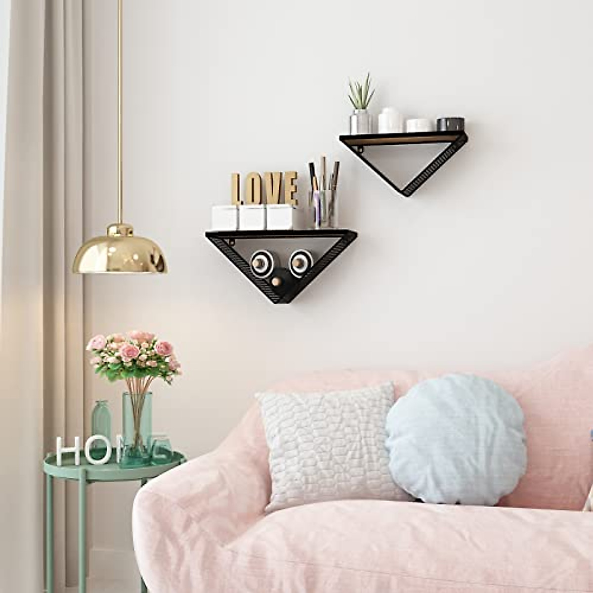 EXYGLO Triangle Floating Wall Mounted Shelves for Plants Storage Bathroom Bedroom Living Room, Set of 2