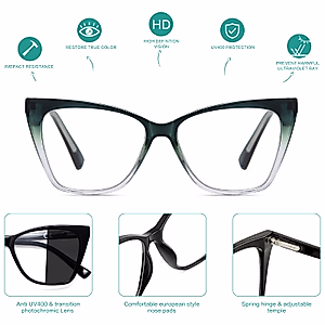 Oversized Reading Glasses Women Cat Eye Photochromic Computer Reader Stylish Ladies Designer Fashion Big Unbreakable Eyewear 2Pack Black & Dark Green +3.0x