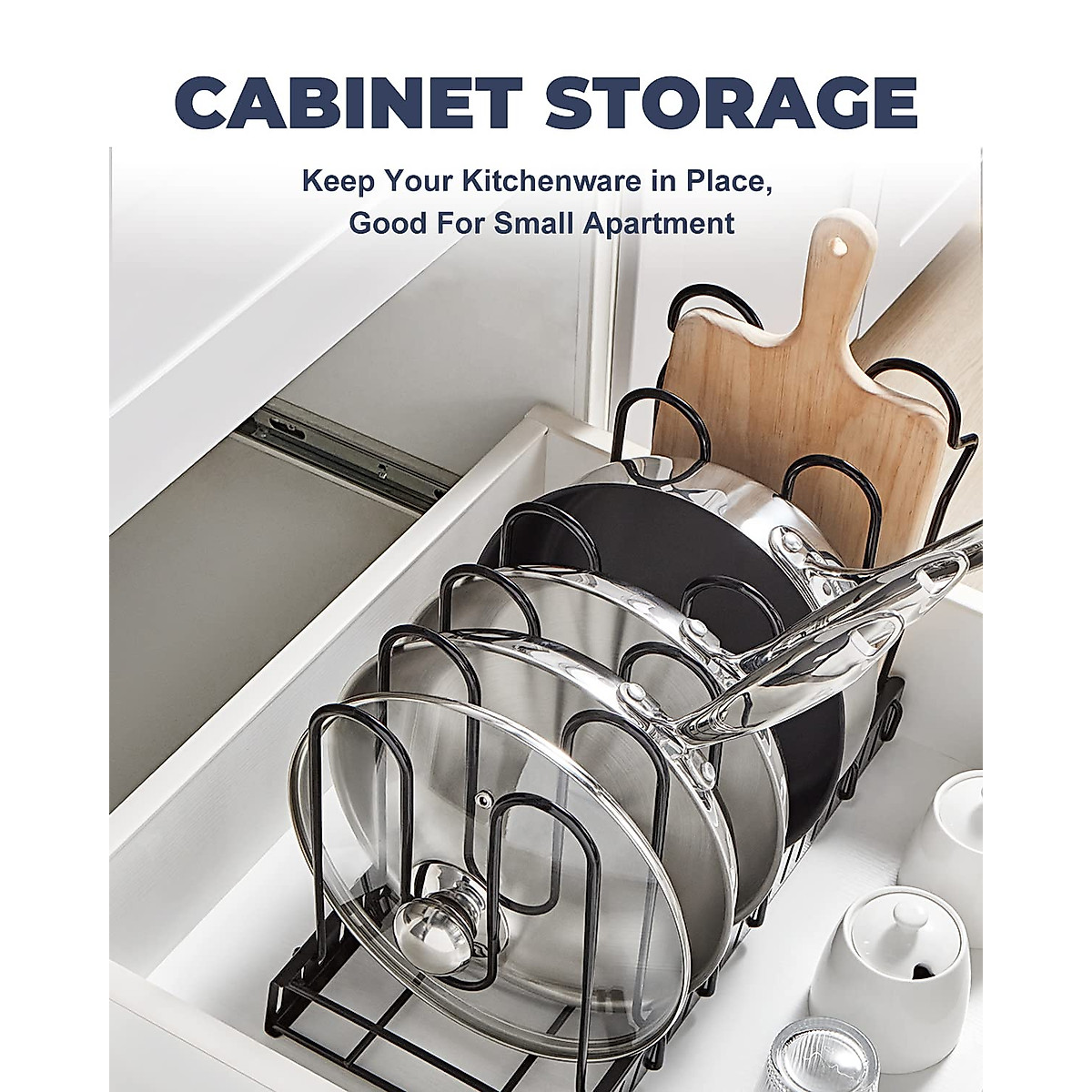 BRONYPRO Adjustable Pots and Pans Organizer for Kitchen Cabinet, Rustproof Storage Organizer Rack for Heavy Pots Pans with 8 Slots, for Skillets, Frying Pan, Pot Lids, Kitchen Must Have (Black)