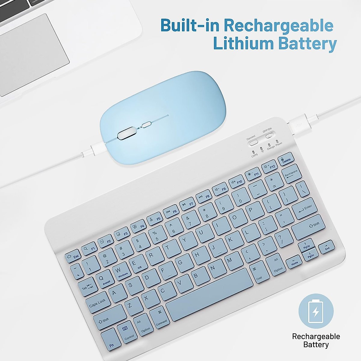 Bluetooth Keyboard and Mouse Combo Rechargeable Portable Wireless Keyboard Mouse Set for Apple iPad iPhone iOS 13 and Above Samsung Tablet Phone Smartphone Android Windows (10 inch Blue)