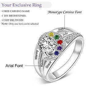 MissNaNa Birthstones Rings Gifts for Mom Custom 5 Simulated Birthstones Rings for Women 925 Silver Engraved Rings Promise Rings for Her Women Mom Mothers Grandma