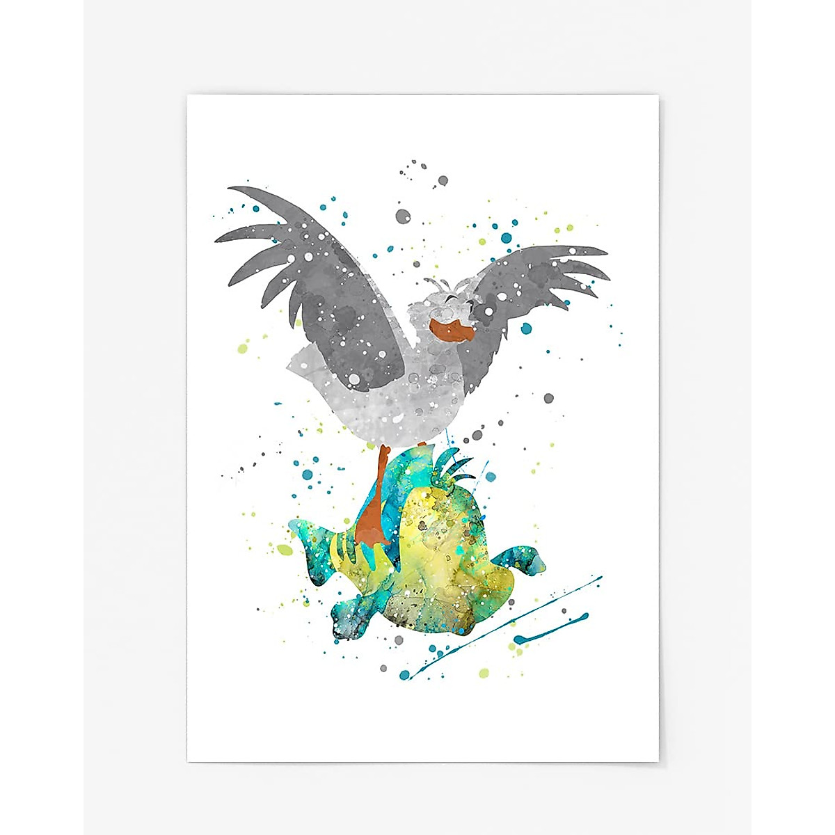 Scuttle and Flounder Print, Watercolor, Nursery Wall Poster, Holiday Gift, Kids and Children Artworks, Digital Illustration Art