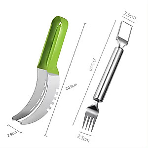 Generic New 2 pcs Set 2-in-1 Stainless Steel Fruit Cutter, Watermelon Melon Cutter with Fork, Tool 2 pcs Watermelon Slicer for Kitchen (Green)