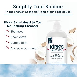Kirk's 3-in-1 Head to Toe Nourishing Liquid Cleanser- for Men, Women & Children - Premium Coconut Oil & Aloe Vera- Non GMO & Vegan -Original Fresh Scent - 32 Fl Oz