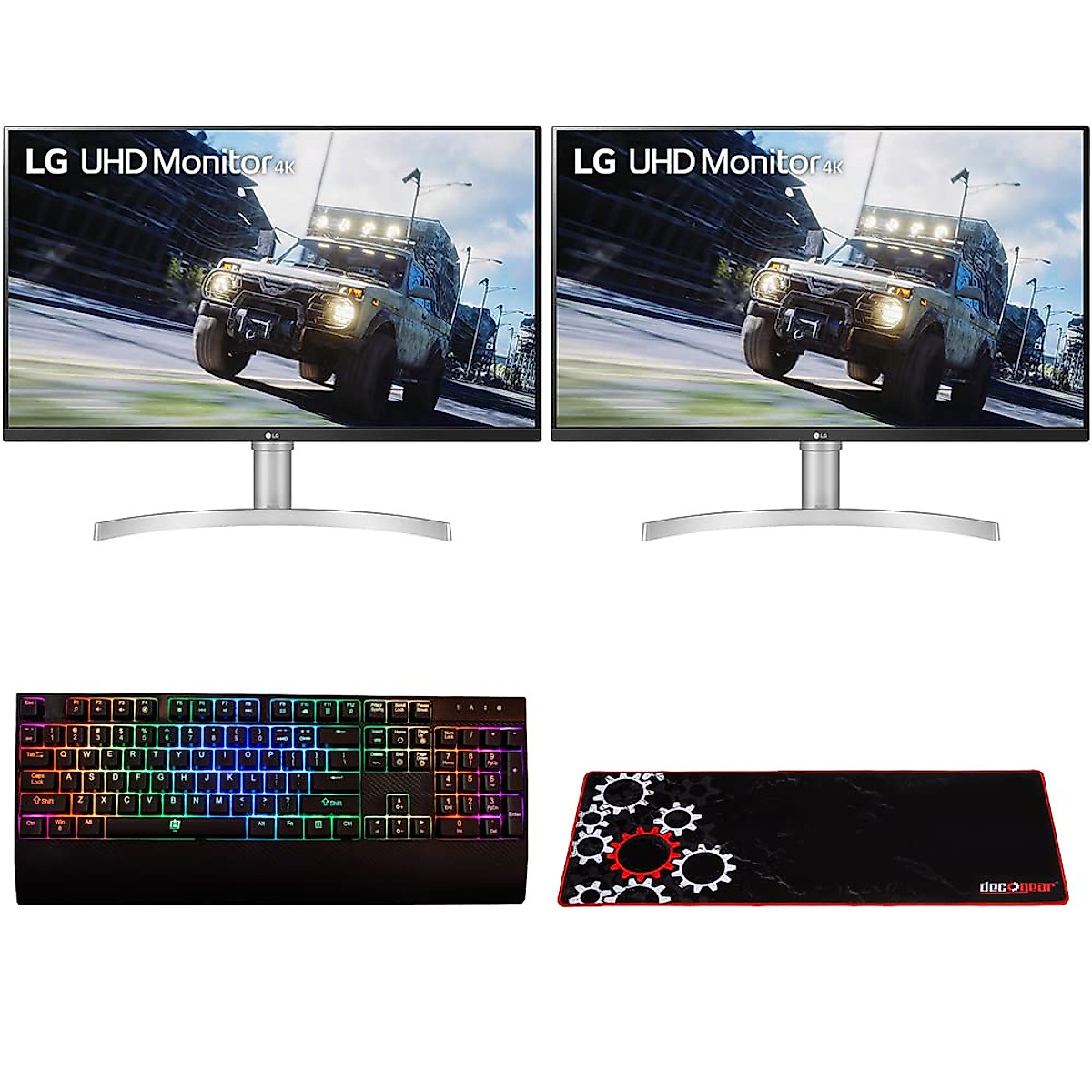 LG 32UN550-W 32" UHD 3840x2160 VA HDR10 AMD FreeSync Dual Monitor Bundle with Deco Gear Mechanical Gaming Keyboard RGB Back Lighting + Large Extended Pro Gaming Mouse Pad