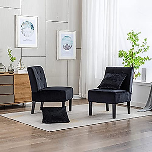 Freemax Velvet Fabric Accent Chair Armless Leisure Side Chair Cute Decorative Slipper Chair Small Tufted Single Sofa Chair for Living Room Bedroom Office Reading Room Nook (Black)