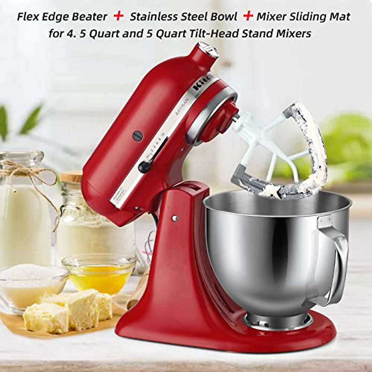 Stainless Steel Bowl for KitchenAid 4.5-5 Quart Tilt-Head Stand Mixers,Flex Edge Beater and Mixer Sliding Mat Compatible with KitchenAid 4.5-5 Quart Tilt-Head Stand Mixer