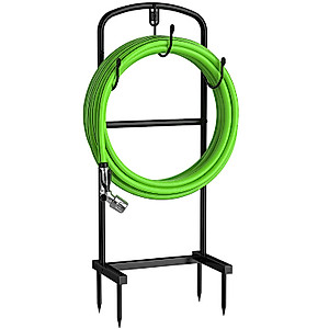 Venkuber Garden Hose Holder, Freestanding Hose Holder Stand with Hanger Hooks Heavy Duty Water Hose Storage Rack for Yard Outside Outdoor, Black