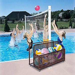 Flarhetoric Pool Float Storage PE Rattan Poolside Float Storage with Wheels & Side Shelves, Elevated Design for Dryness, for Patios, Gardens and Balconies, Grey