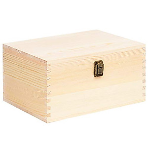 Extra Large Rectangle Unfinished Pine Wood Box Natural DIY Craft Stash Boxes with Hinged Lid and Front Clasp for Arts Hobbies and Home Storage-10.71x8x5.66 Inches