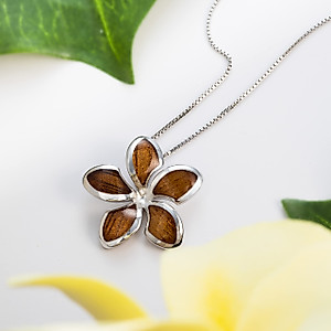 925 Sterling Silver Koa Wood Plumeria Flower Necklace Pendant with 18" Box Chain, Nickle-Free Hypoallergenic for Sensitive Skin, Hawaiian Jewelry for Women (Pointed Petals)