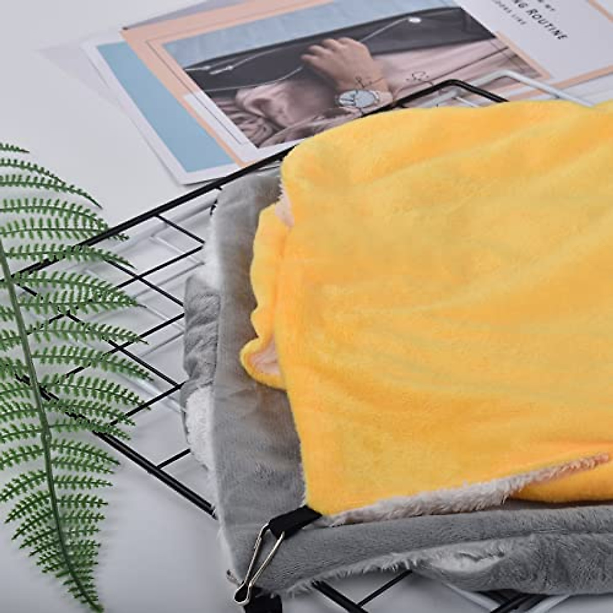 Ferret Hammock,2Pcs Soft Plush Small Animal Hanging Hammock,Warm Double Layer Rat Hammock,Hamster Hideout Hanging Bunkbed,Pet Cage Accessories for Guinea Pig Sugar Glider Squirrel(Yellow + Gray)