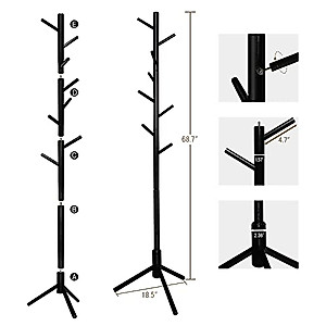 YEVONNIE Solid Wood Coat Rack, Free Standing Coat Rack, Tree-Shaped Coat Rack with 8 Hooks,3 Adjustable Size,for Clothes, Hats, Bags, for Living Room, Bedroom, Home Office,(6183black)