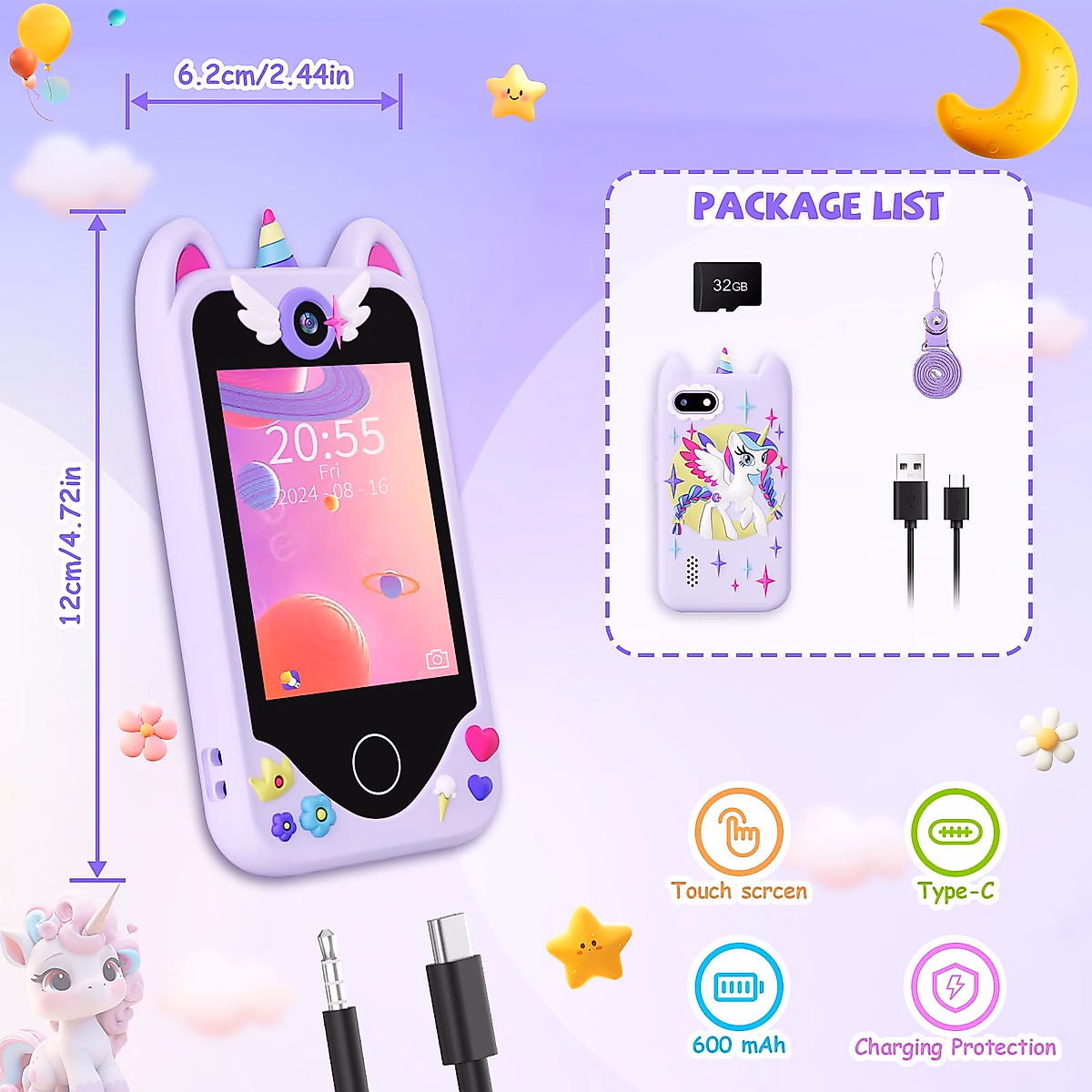 Kids Smart Phone for Girls Gifts - Toddler Christmas Birthday Gift for Age 3 4 5 6 Year Old, Kids Cell Phone Toy with Touchscreen, Dual Cameras, Learning, Music Player, Games with 32 GB Card