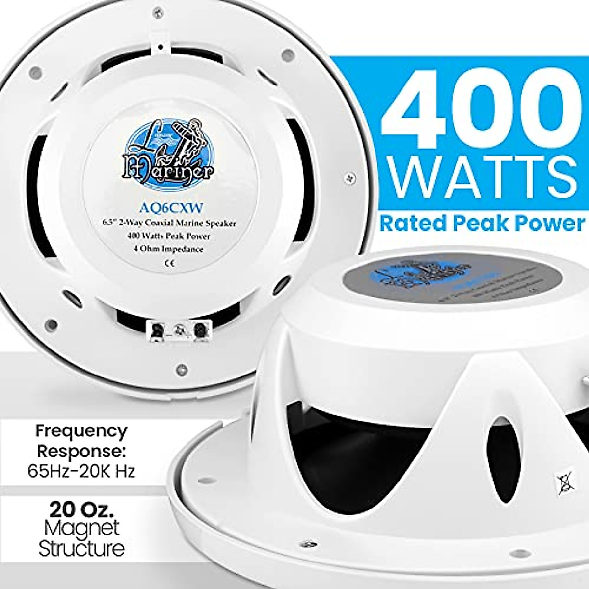 LANZAR 6.5” Dual Waterproof Marine Speakers - 400W 4Ohm Outdoor Car/Boat Radio Stereo Speakers Grill AQ6CXW & Pyle Bluetooth Marine Receiver Stereo - PLRMR23BTW (White)
