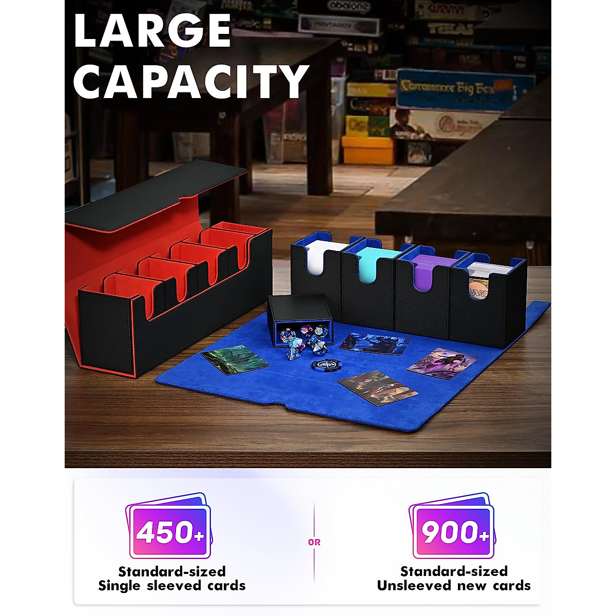 UAONO Card Storage Box with Dice Tray for MTG Yugioh, 5 in 1 Card Deck Case Holds 900+ Unsleeved Cards, Strong Magnet Card Organizer for Magic Commander TCG CCG Sports Cards (Black&Blue)