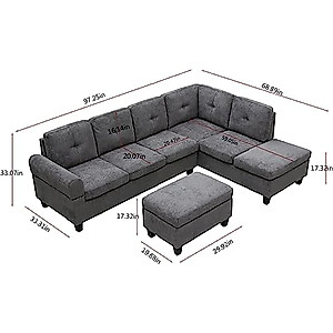 EMKK L-Shape Sofa Couch with Chaise Lounge,Modern Upholstery Sectional Sofá with Storage Ottoman for Living Room Furniture Set, Apartment and Large Space, Black