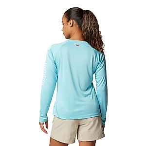 Columbia Womens PFG Tidal Tee II Long Sleeve Sun Protection Shirt, Clear Blue/White Logo, Medium