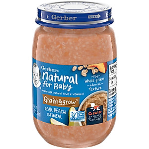 Gerber 3rd Foods Natural for Baby Grain & Grow Baby Food Jar, Pear Peach Oatmeal, Made with Natural Fruit & Vitamin C with Advanced Texture, 6 OZ Glass Jar (Pack of 12)