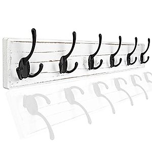 Ilyapa Coat Rack Wall Mount with Triple Hooks - 27 Inch Wood Wall Mount Coat Rack with Hooks, 6 Metal Three Pronged Tri-Hooks - for Hats, Coats, Kitchen, Bedroom, and More - White Finish