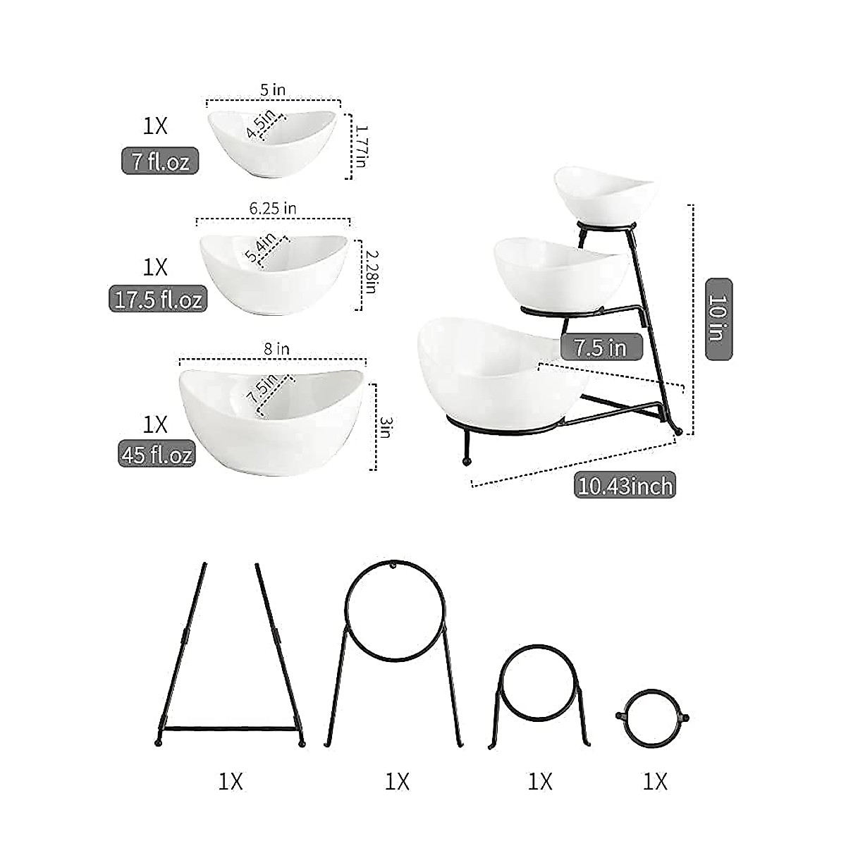 3 Tier Serving Stand Tiered Oval Bowl Stand with 3 Oval Porcelain Serving Bowl Set with Collapsible Thicker Sturdier Metal Rack (Black)