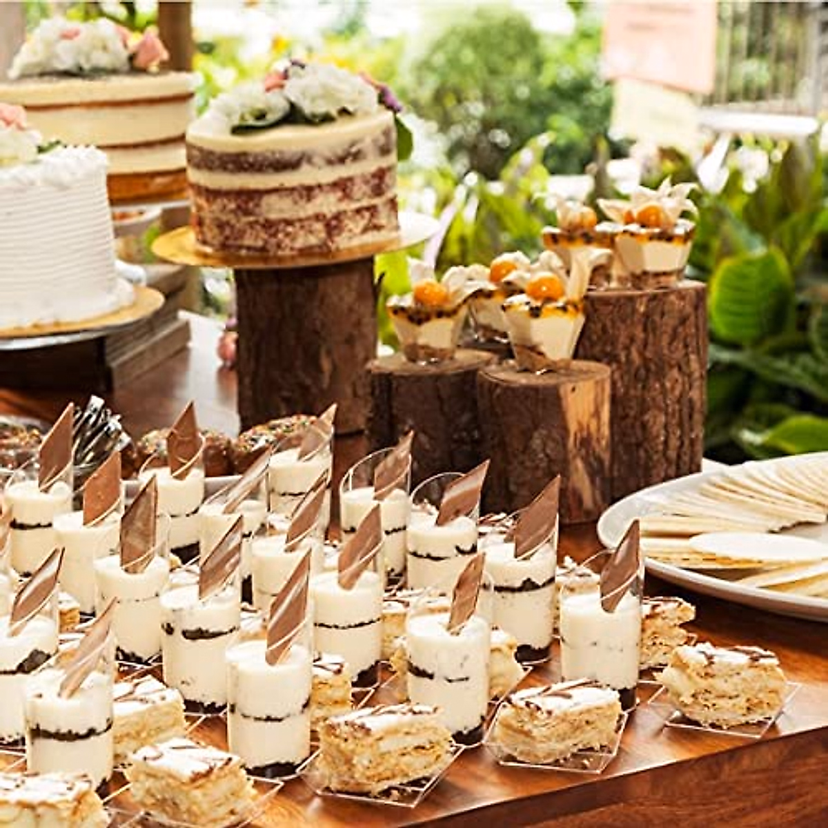 TOFLEN 100ct 1 oz Mini Dessert Plates with Tasting Spoons - Reusable Clear Plastic Square Party Serving Trays Mini Plates for Appetizers, Chocolates, Ice Cream, Fruit and More