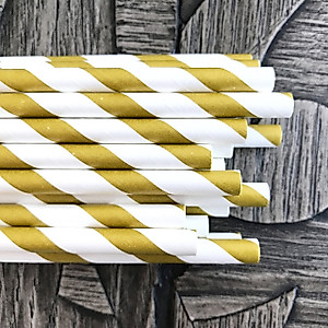 Striped Paper Straws - Gold White - Christmas Holiday Wedding Anniversary Supply - 7.75 Inches - 50 Pack - Outside the Box Papers Brand