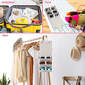 MoKo Sunglasses Organizer with 3 Slots, Foldable Travel Glasses Storage Case Holder Eyewear Display Box, White + Beige