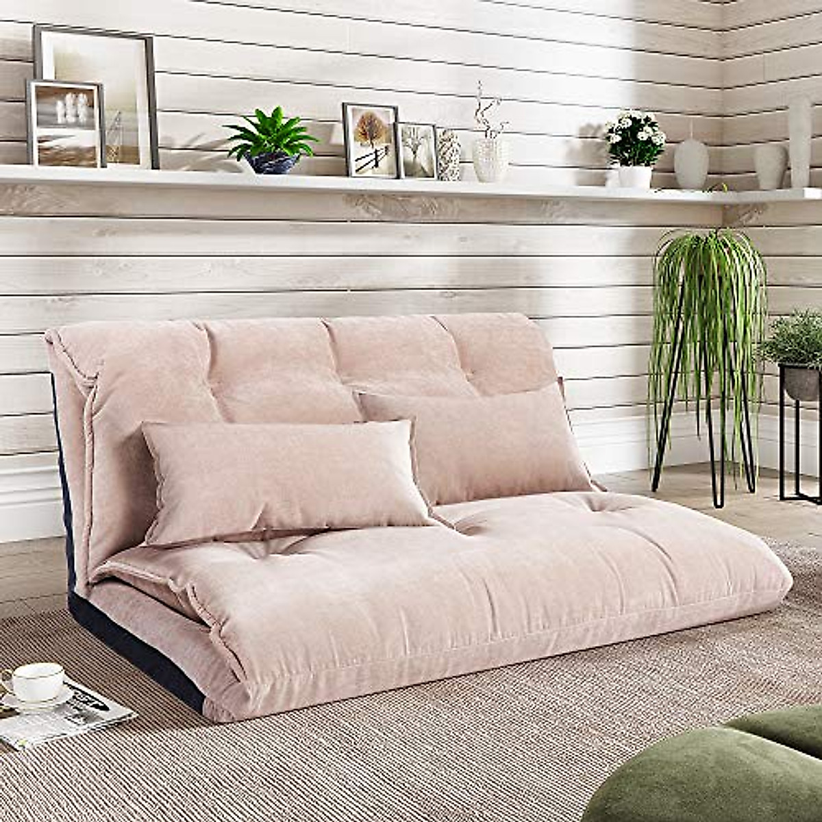 Adjustable Floor Sofa Bed with 2 Pillows , Folding Futon Couch Leisure Lazy Sofa with 5 Reclining Position, Suede Floor Sofa for Reading or Gaming in Bedroom/Living Room/Balcony,Beige
