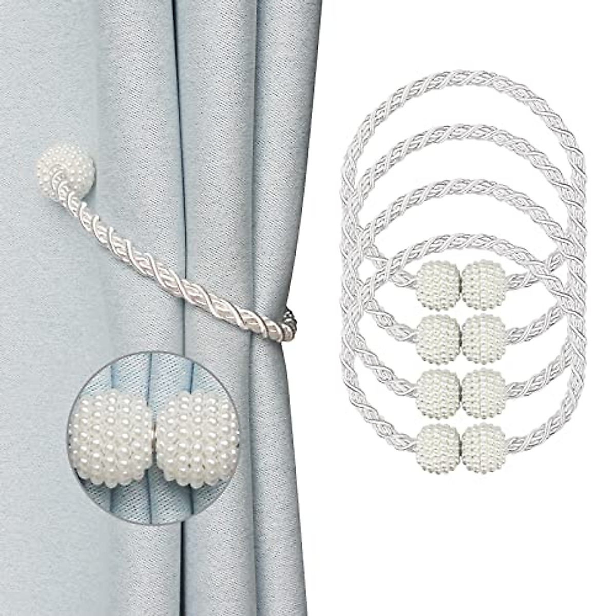 Nieffeiy Magnetic Curtain Tiebacks Convenient Curtains Drape Ties Backs Weave Rope Curtain Holdbacks for Outdoor Window Draperies (Silver, 4)