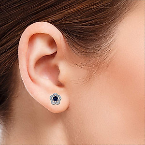 Elmas 0.05 Carat Sterling Silver Round White Diamond Created Blue Sapphire Stud Earrings for Women