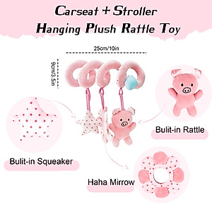 vocheer Car Seat Toys for Babies 0-6 Months Hanging Rattle Bouncer Toys for Crib Mobile, Infant Spiral Plush Stroller Toys，Girls Pink Pig