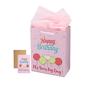 RNORRI Pink Gift Bag Large, Birthday Gift Bag For Girl, Happy Birthday Bag With Handles, Pink Birthday Bag For Girl, Party, Birthday, Baby Shower, Woman - 10x13x5 Inch