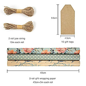 RUSPEPA Wrapping Paper Rolls with Tags, Jute String - 17 inches x 10 feet per Roll, Total of 3 Rolls, Spring