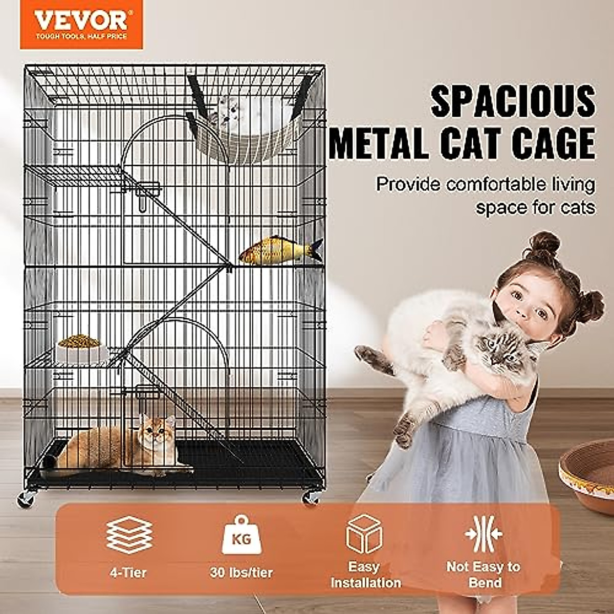 VEVOR Cat Cage Indoor Catio Cat Enclosure, Large Cat House on Rotating Wheels, 4-Tier Pet Playpen, Cat Crate Cat Kennel, 35.4" L x 23.6" W x 51" H