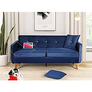 TYBOATLE 65" Modern Velvet Sofa Couch w/ 2 USB, Clear Glass Button Tufted Upholstered Love Seats for Living Room, Apartment, Bedroom (Blue)