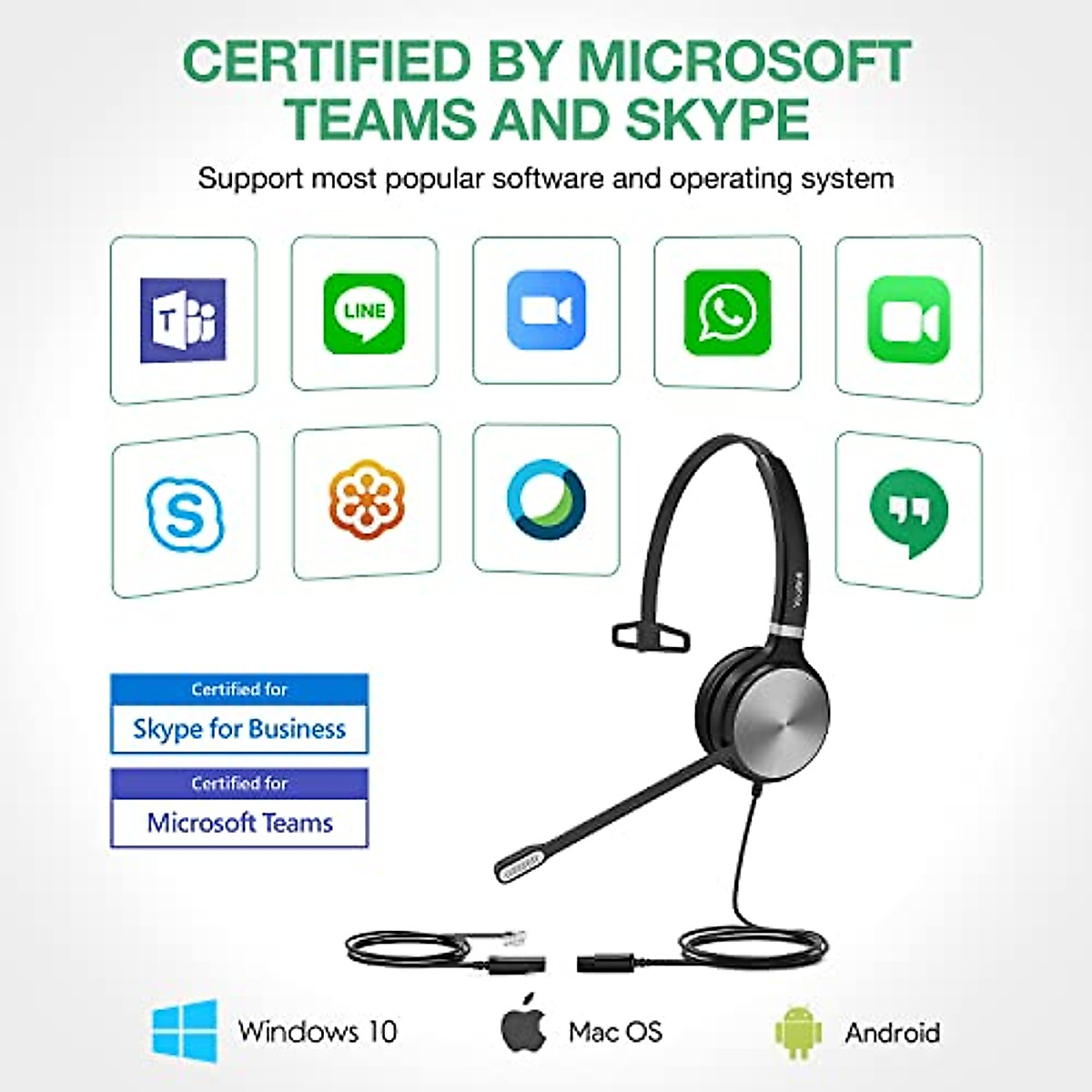 Yealink Phone Headsets for Office Phones YHS36 QD to RJ9 Wired Headset Compatible with Poly Avaya Snom Grandstream Phones Desk Landline VoIP Headset with Microphone -Mono/124g/2.1m Cable