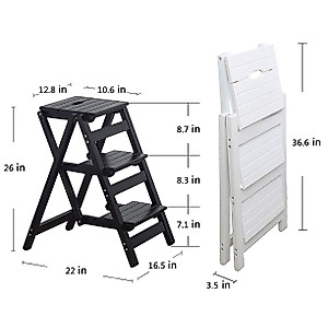 KINGBO Step Stool for Adults/Step Ladder/Counter Chair, 3-Step Folding Portable Wooden Step Stool, Anti-Slip & Lightweight (Black)