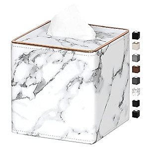 GOLRANLYE Tissue Box Cover Square PU Leather Facial Tissue Box Holder for Dresser Bathroom Decor (White Marble Pattern)